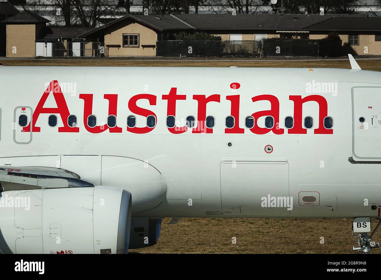 INNSBRUCK, AUSTRIA - Feb 22, 2020: Close up of the Austrian Airlines ...