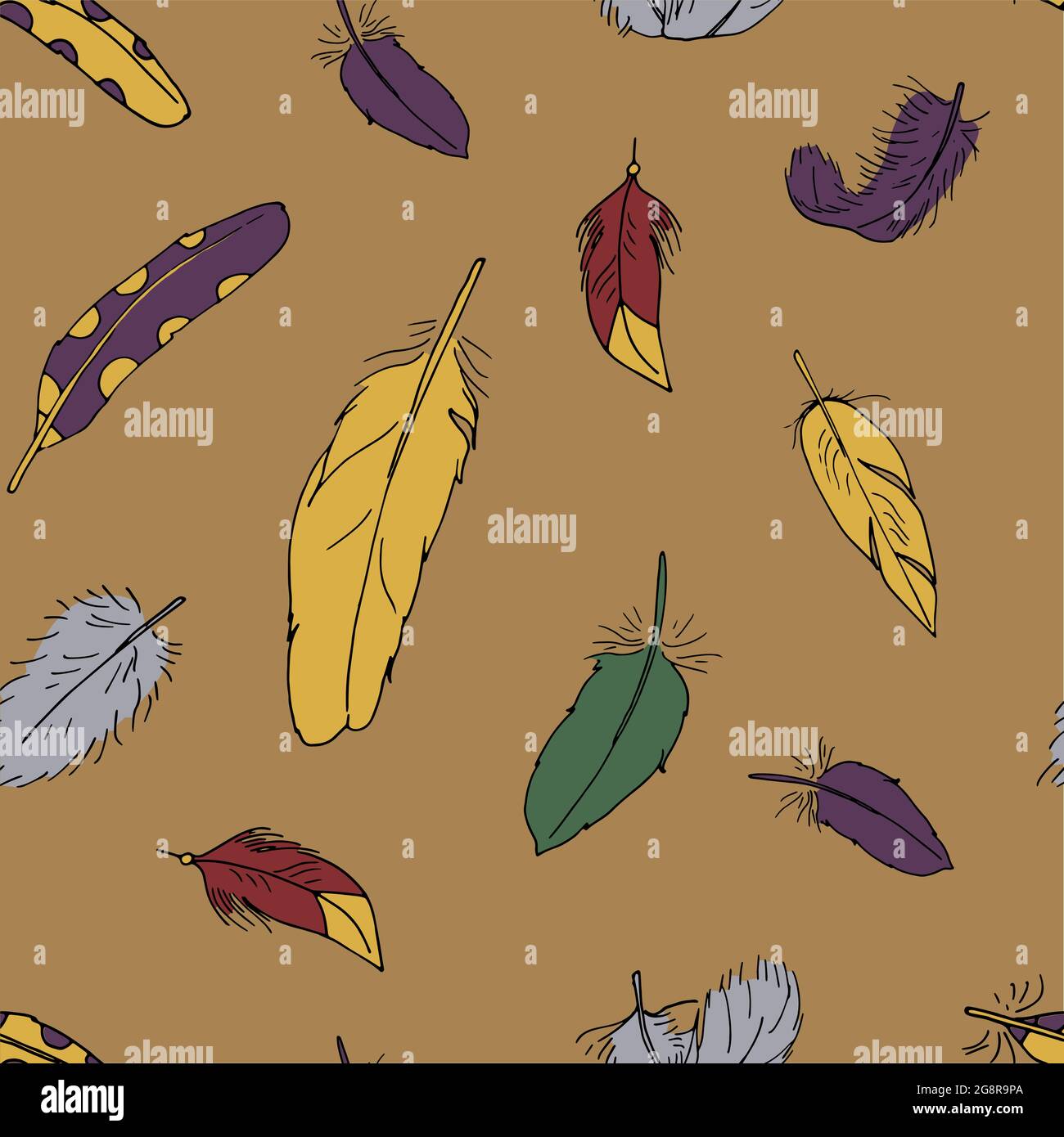 Seamless pattern with hand drawn doodle boho feathers. Bohemian texture ...