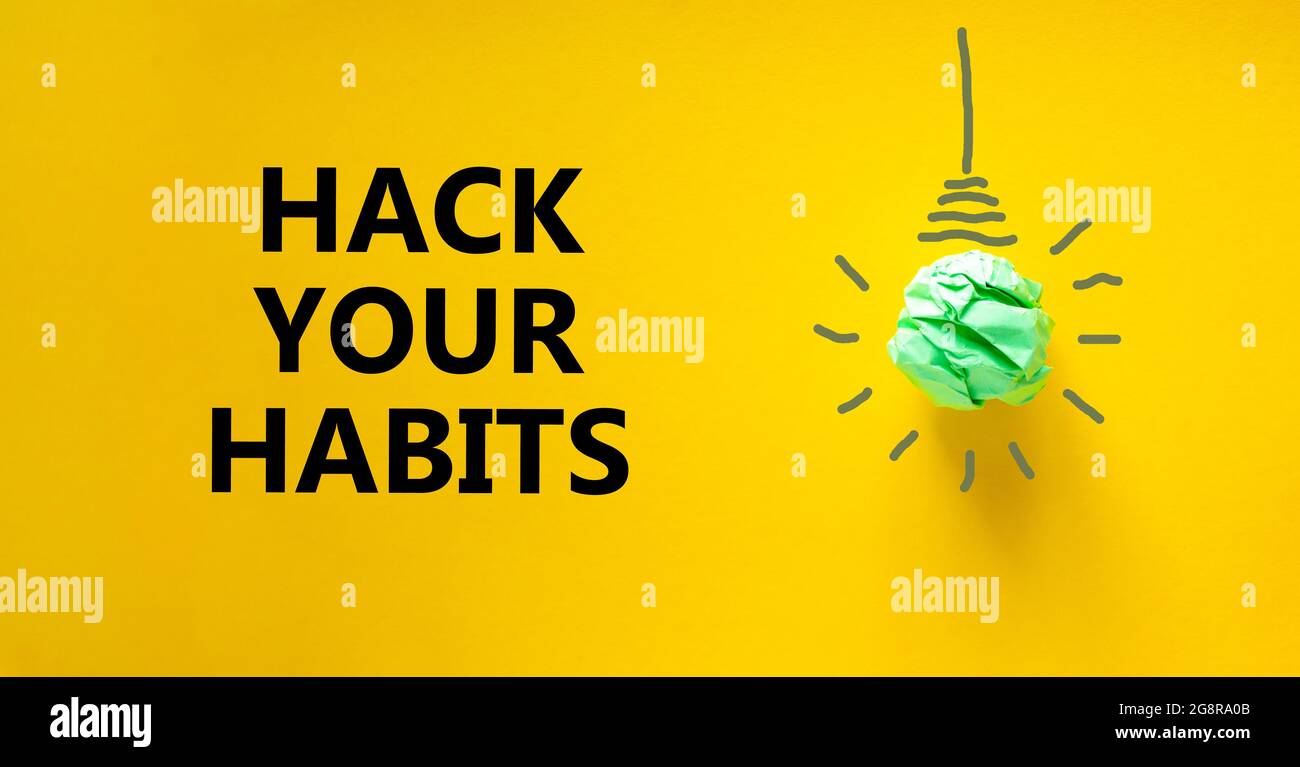 Hack your habits symbol. Green shining light bulb icon. Words 'Hack ...