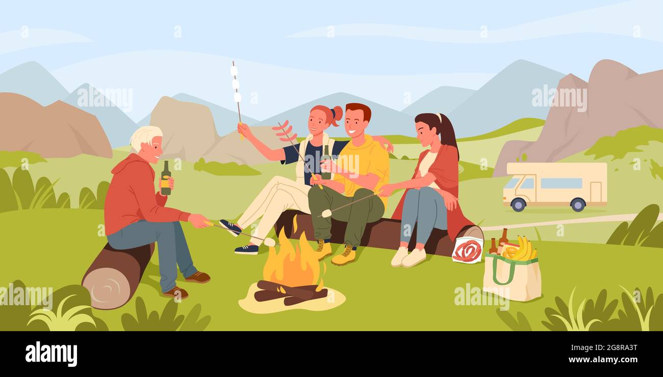 Friend people cook marshmallow on camp picnic in mountain landscape ...