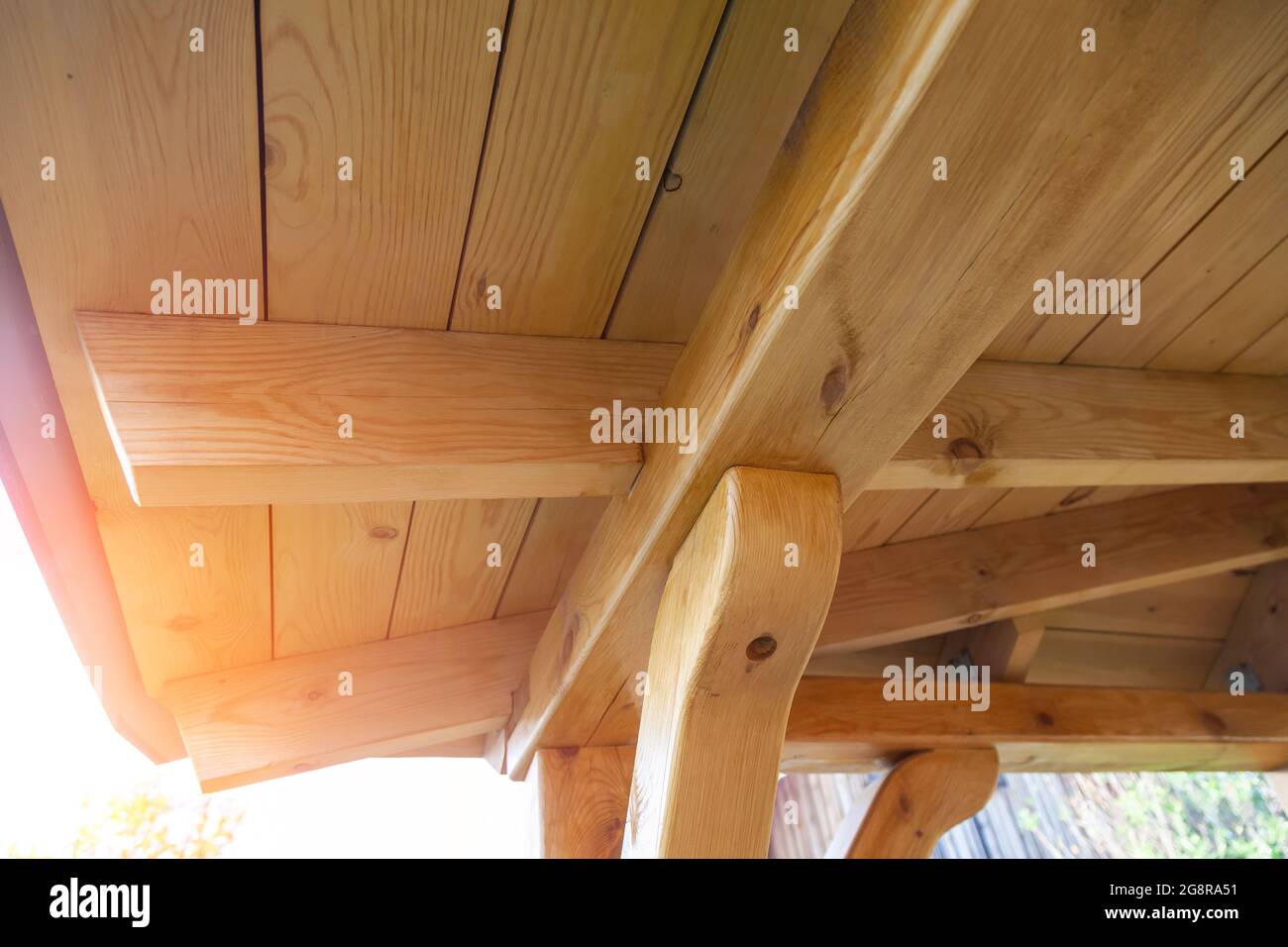 Construction of new wooden house. Beams frame close up Stock Photo - Alamy