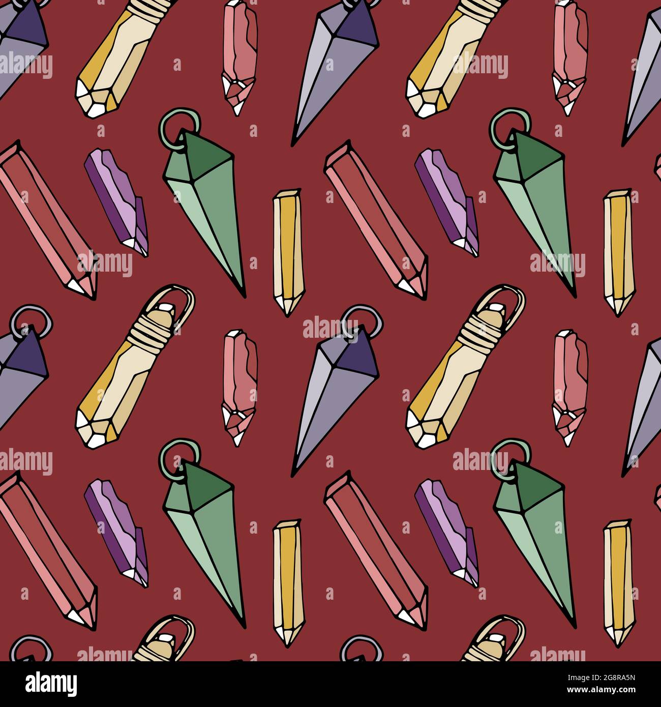 Seamless pattern with hand drawn colorful crystals and pendants on red ...