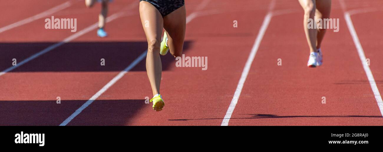 Athletics people running on the track field. Horizontal sport poster ...