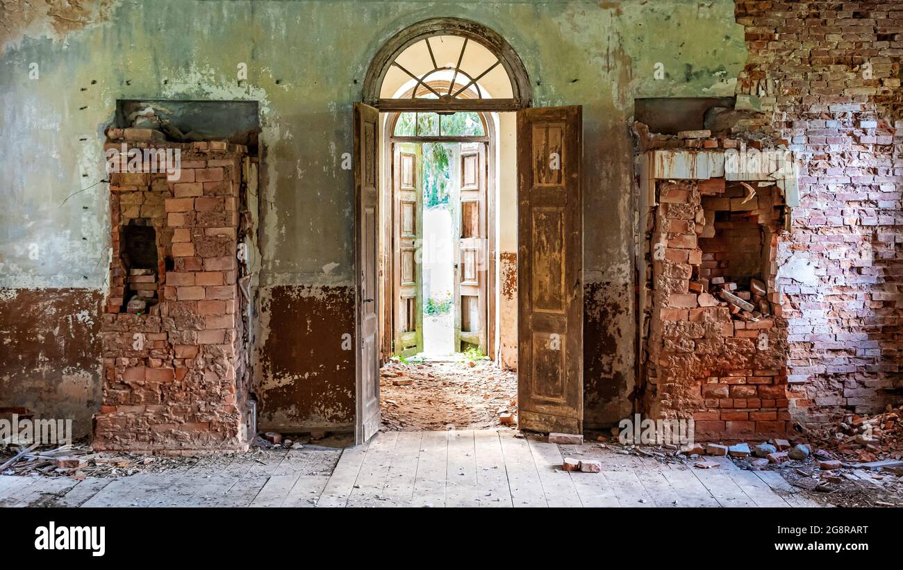 inside interior of an old abandoned church in Latvia, Galgauska ...