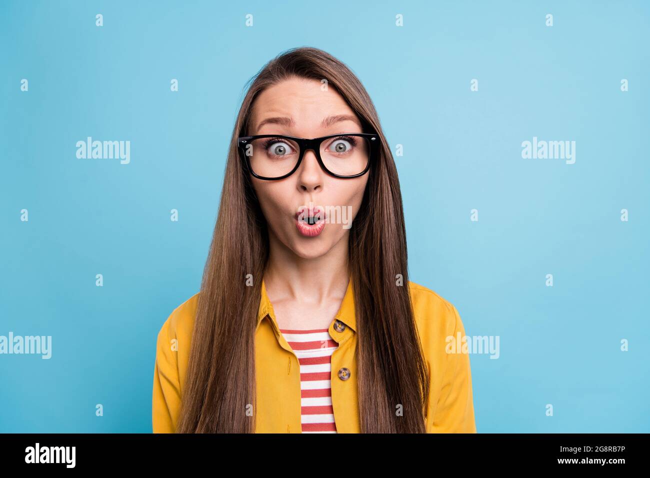 Photo of young woman amazed shocked surprised excited fake novelty news ...