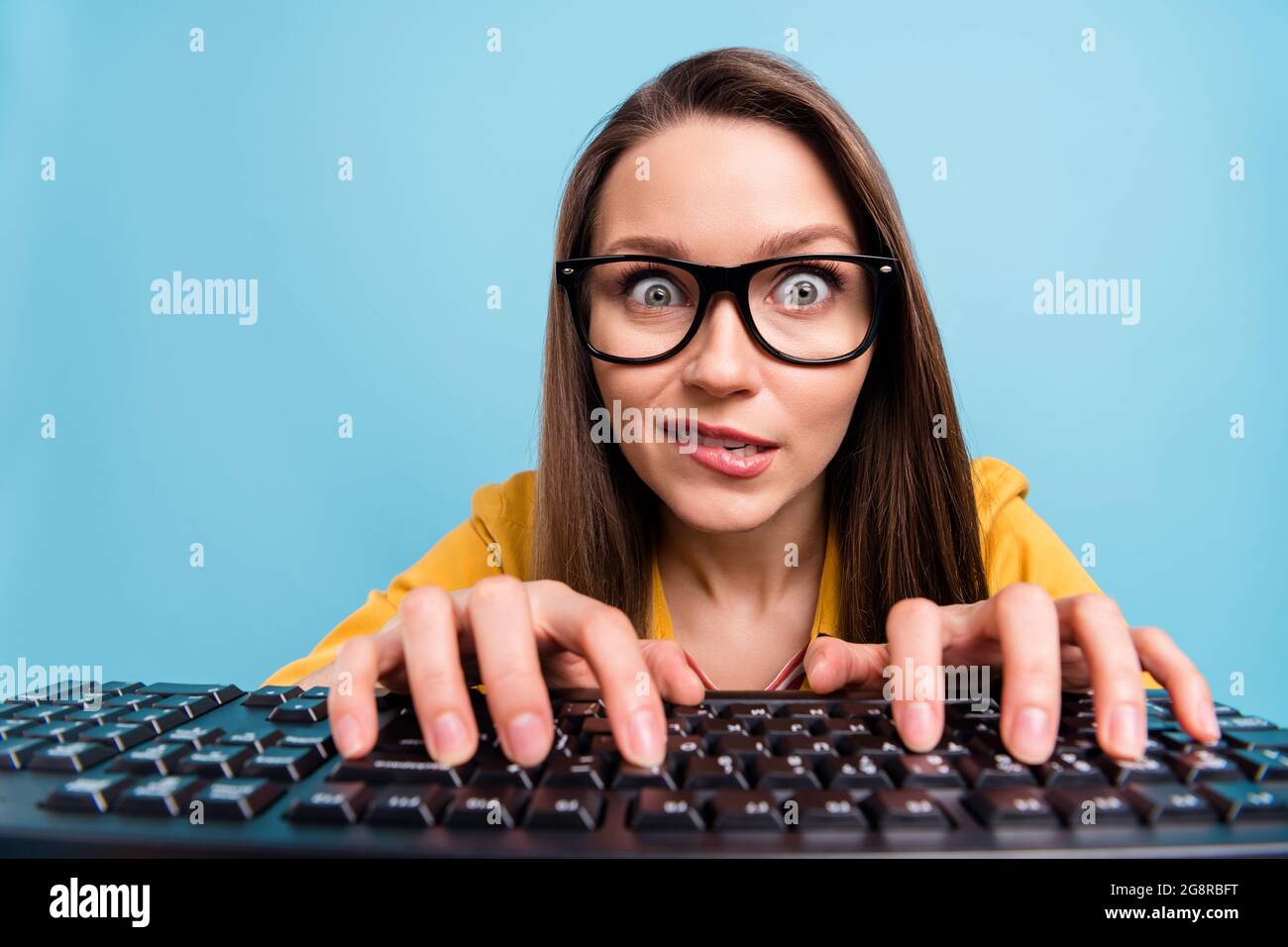 Photo of young pretty woman bite lips teeth worried nervous typing ...