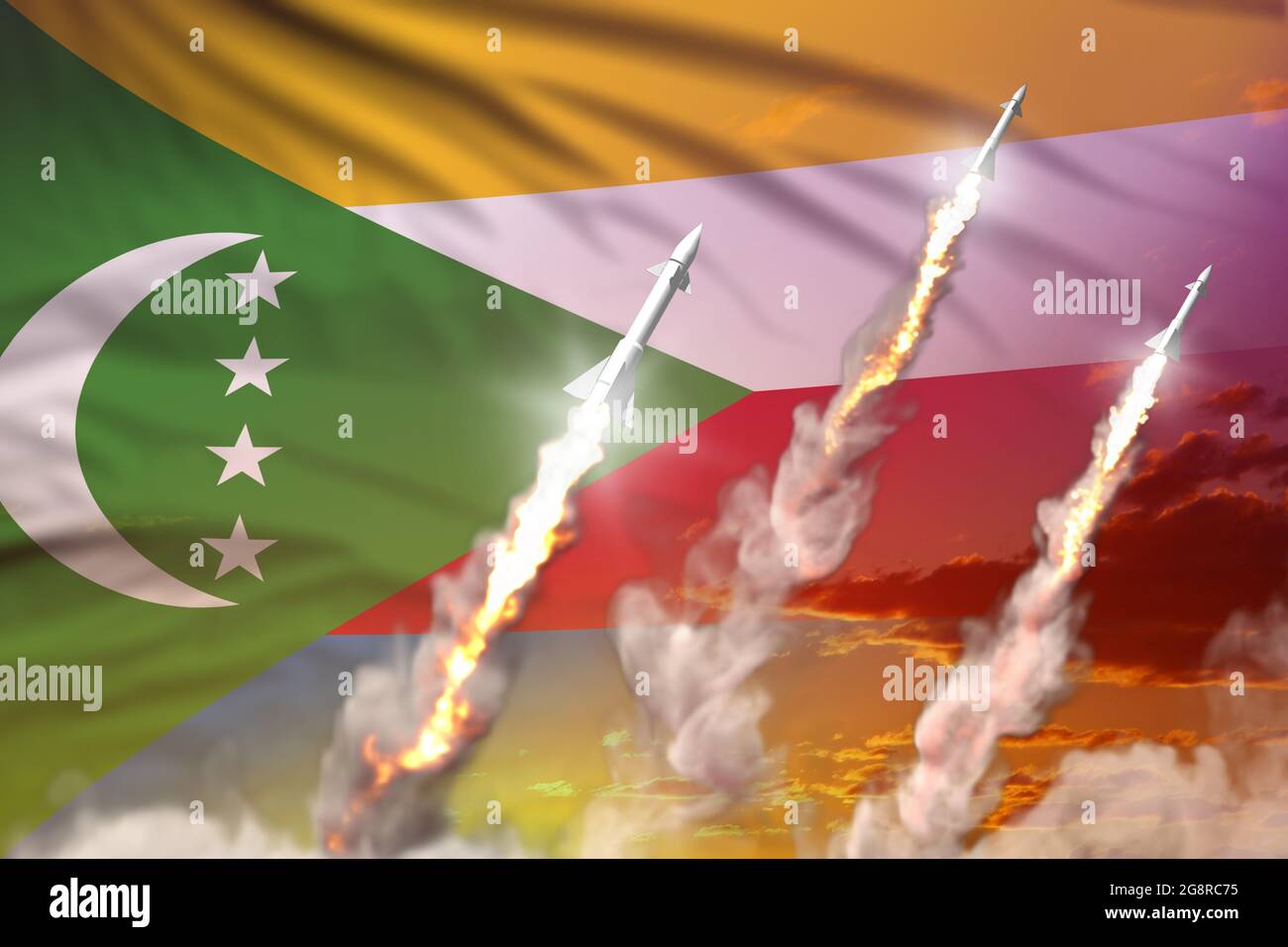 Modern strategic rocket forces concept on sunset background, Comoros ...