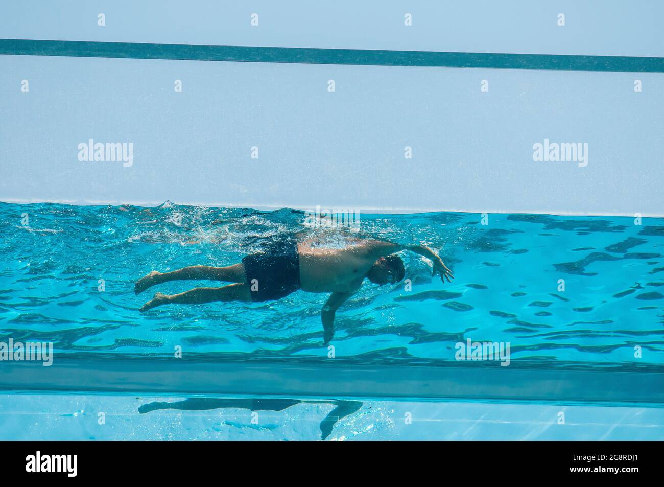 London, UK. 22nd July, 2021. Swimmers at Vauxhall Sky Pool in London as ...
