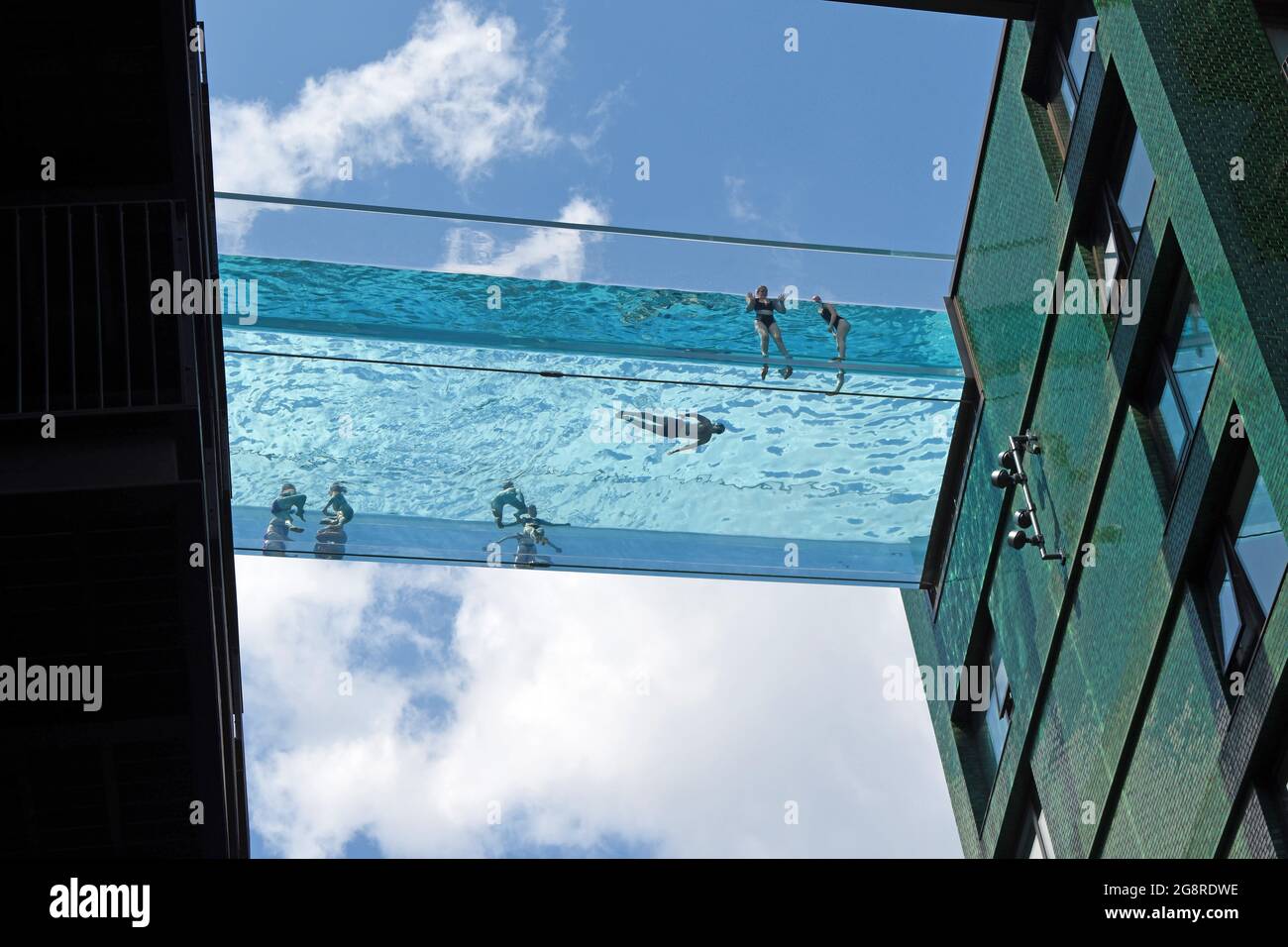 London, UK. 22nd July, 2021. Swimmers at Vauxhall Sky Pool in London as ...