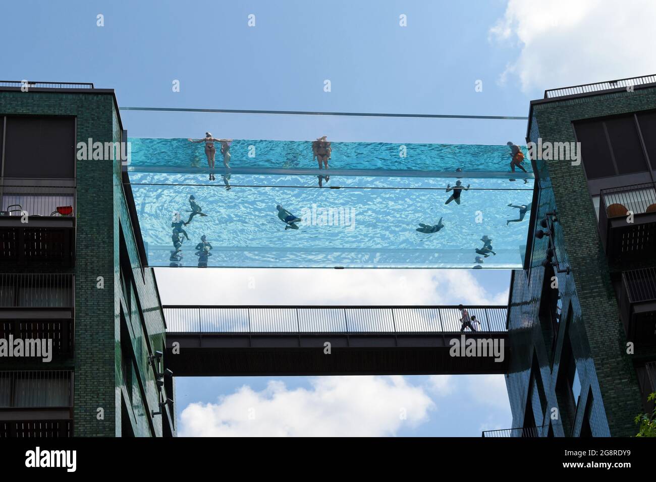 London, UK. 22nd July, 2021. Swimmers at Vauxhall Sky Pool in London as ...