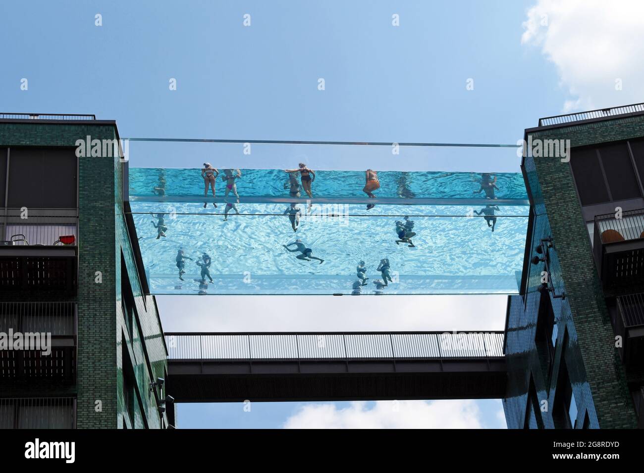 London, UK. 22nd July, 2021. Swimmers at Vauxhall Sky Pool in London as ...