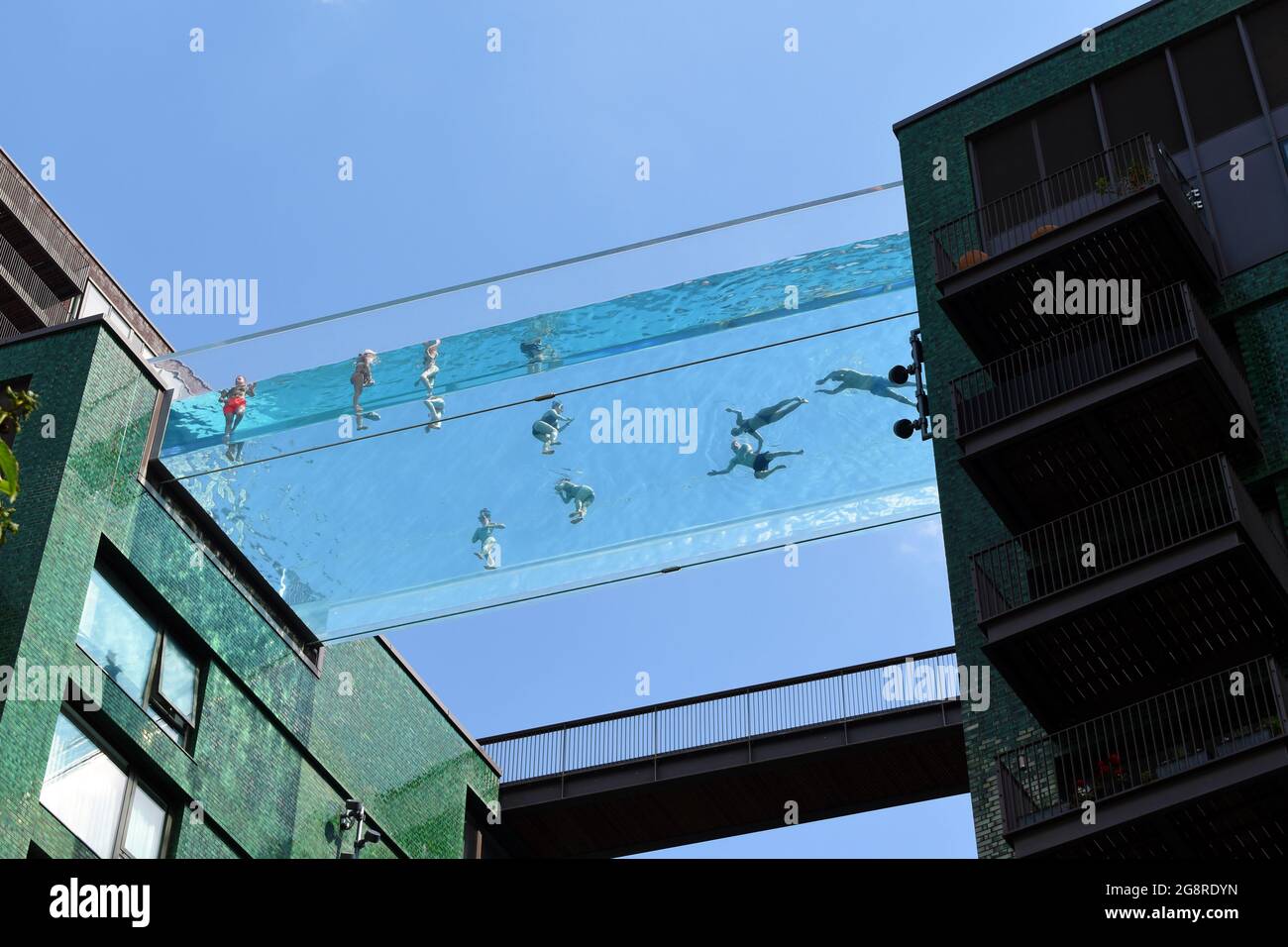 London, UK. 22nd July, 2021. Swimmers at Vauxhall Sky Pool in London as ...