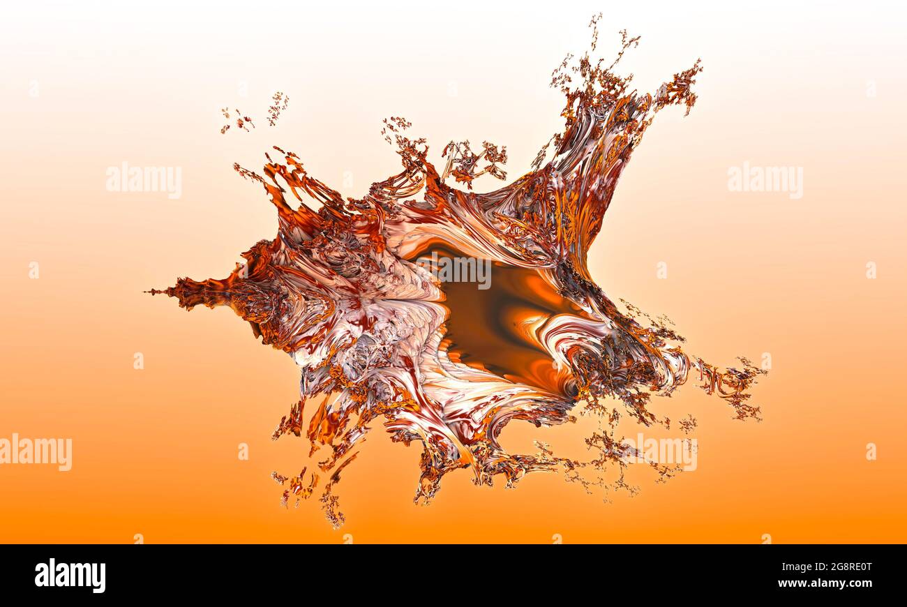 Abstract 3d rendering of chaotic liquid in empty space. Background with ...