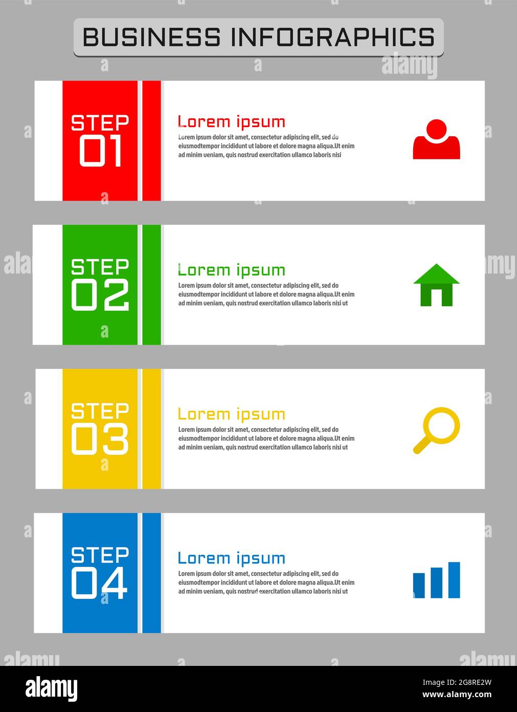 Four step process with red, green, yellow, blue color design template ...