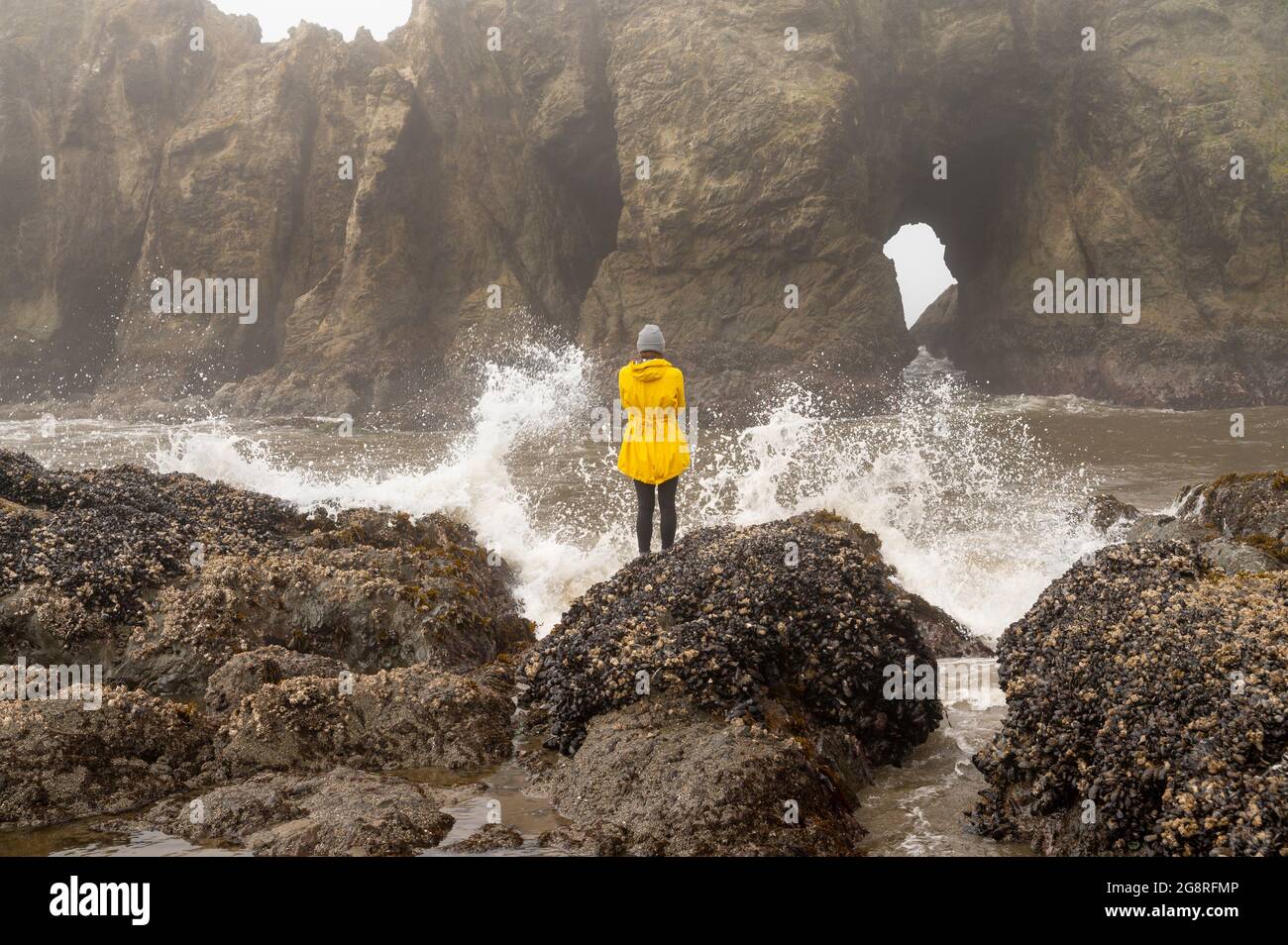 Female in yellow jacket standing on the oregon coast Stock Photo - Alamy