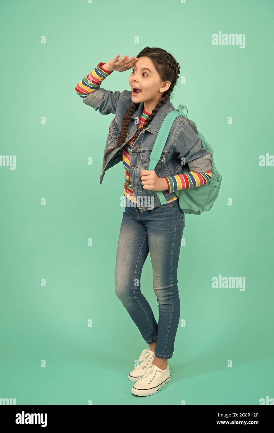 Future is there. Happy kid look ahead blue background. School education ...