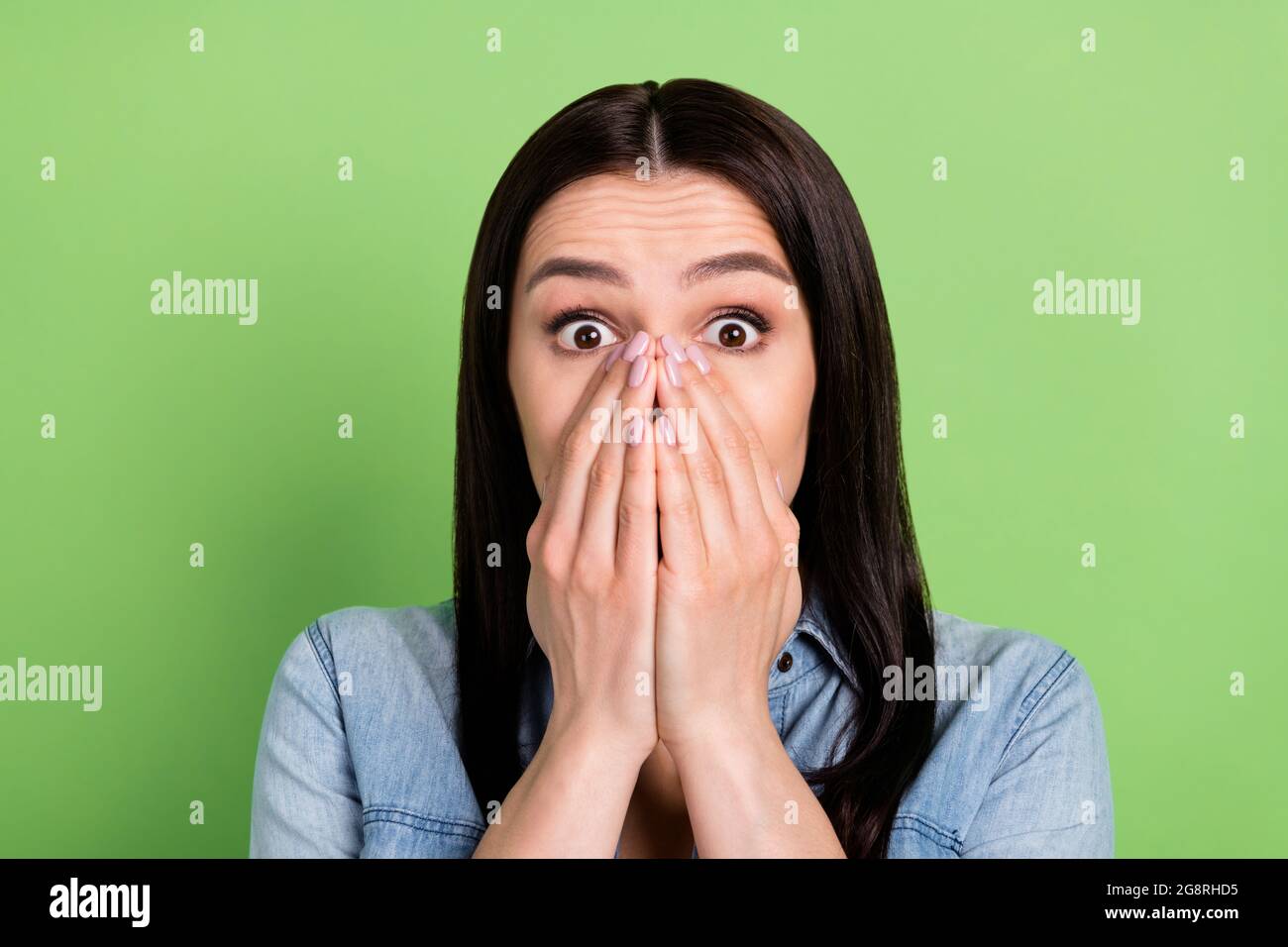 Photo of scared cute brown hairdo lady close face wear jeans shirt ...