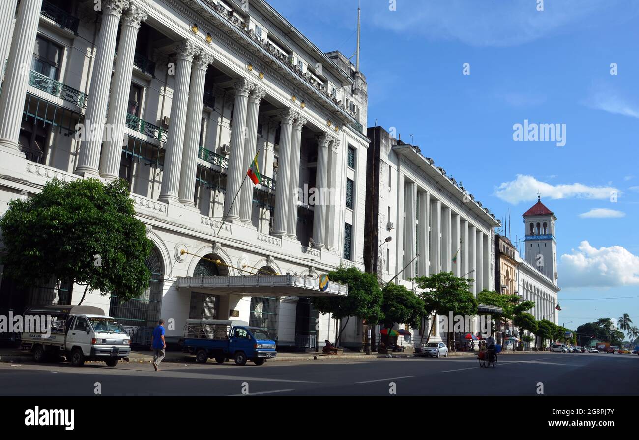YANGON, MYANMAR (BURMA) - Oct 25, 2014: A view along Pansodan Street in ...
