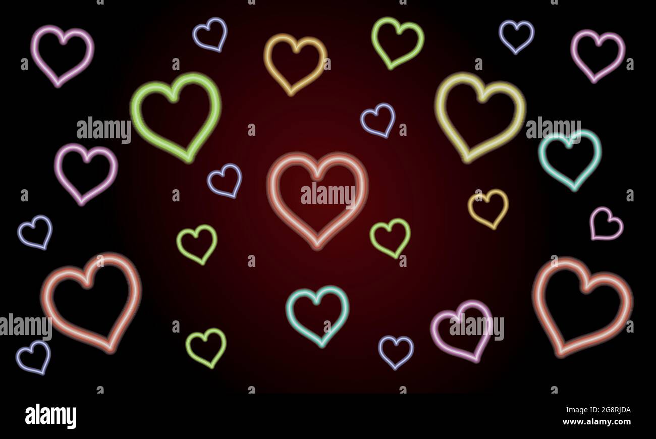 Neon Lights pattern with glow effect, colorful shiny hearts, abstract ...