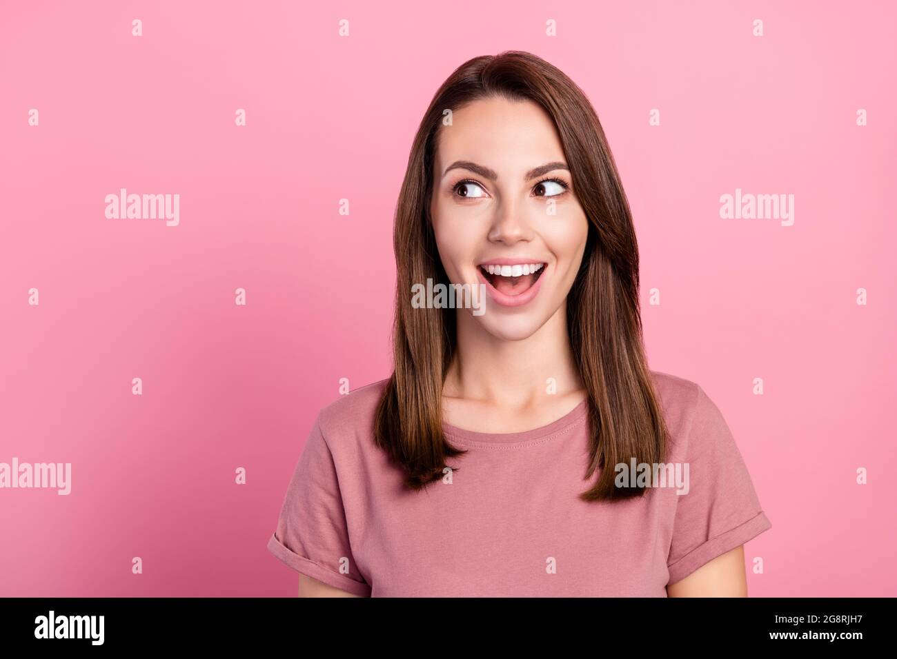 Photo of hooray brunette young lady look empty space wear t-shirt ...
