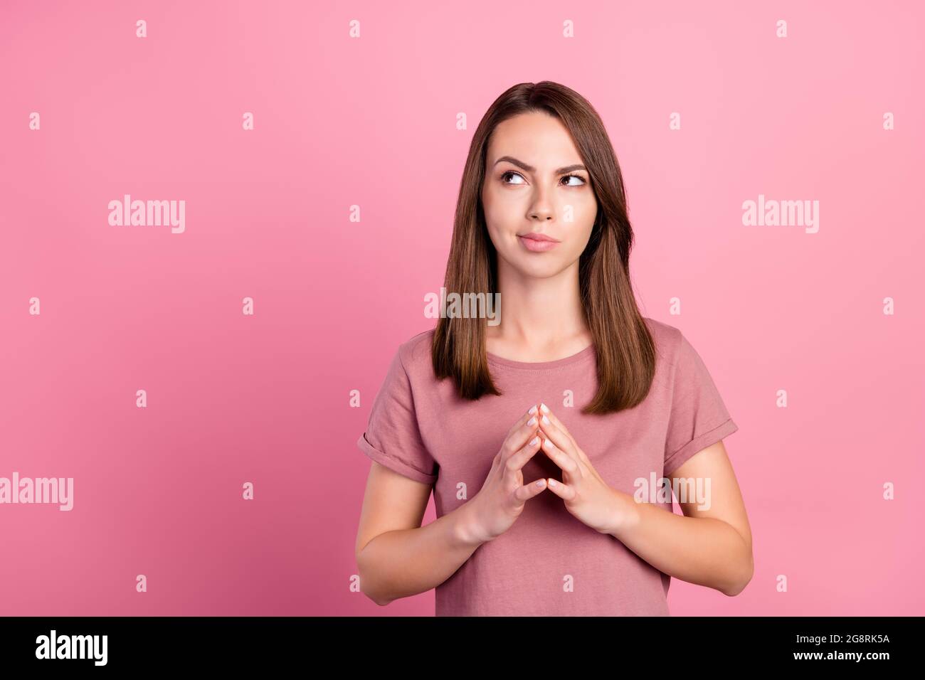 Photo of young woman think thoughtful tricky idea plan look empty space ...