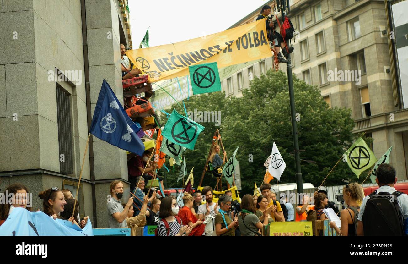 Extinction rebellion protest blocking block the Czech National Bank ...