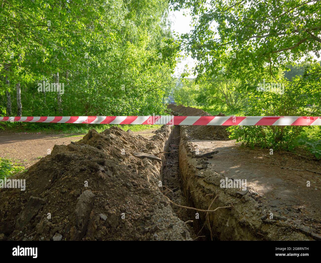 Protective tape due to land work. Digging up ditches to prevent forest ...