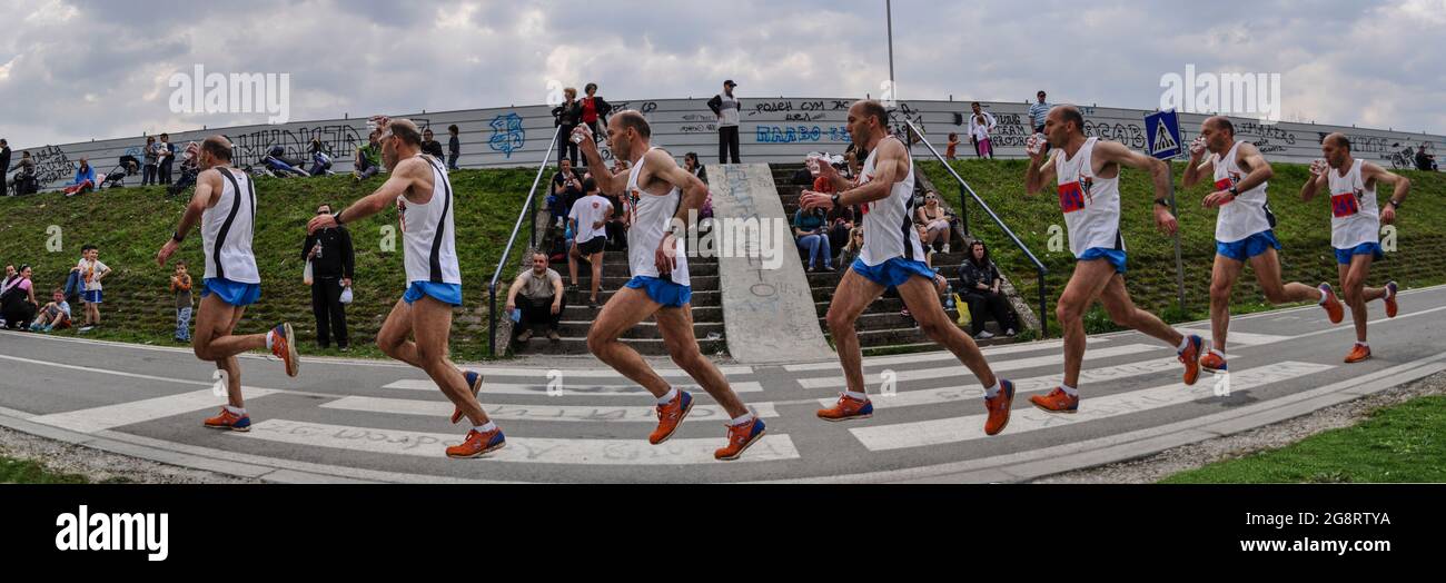 Multiple exposures of a runner showing the technique and style of ...