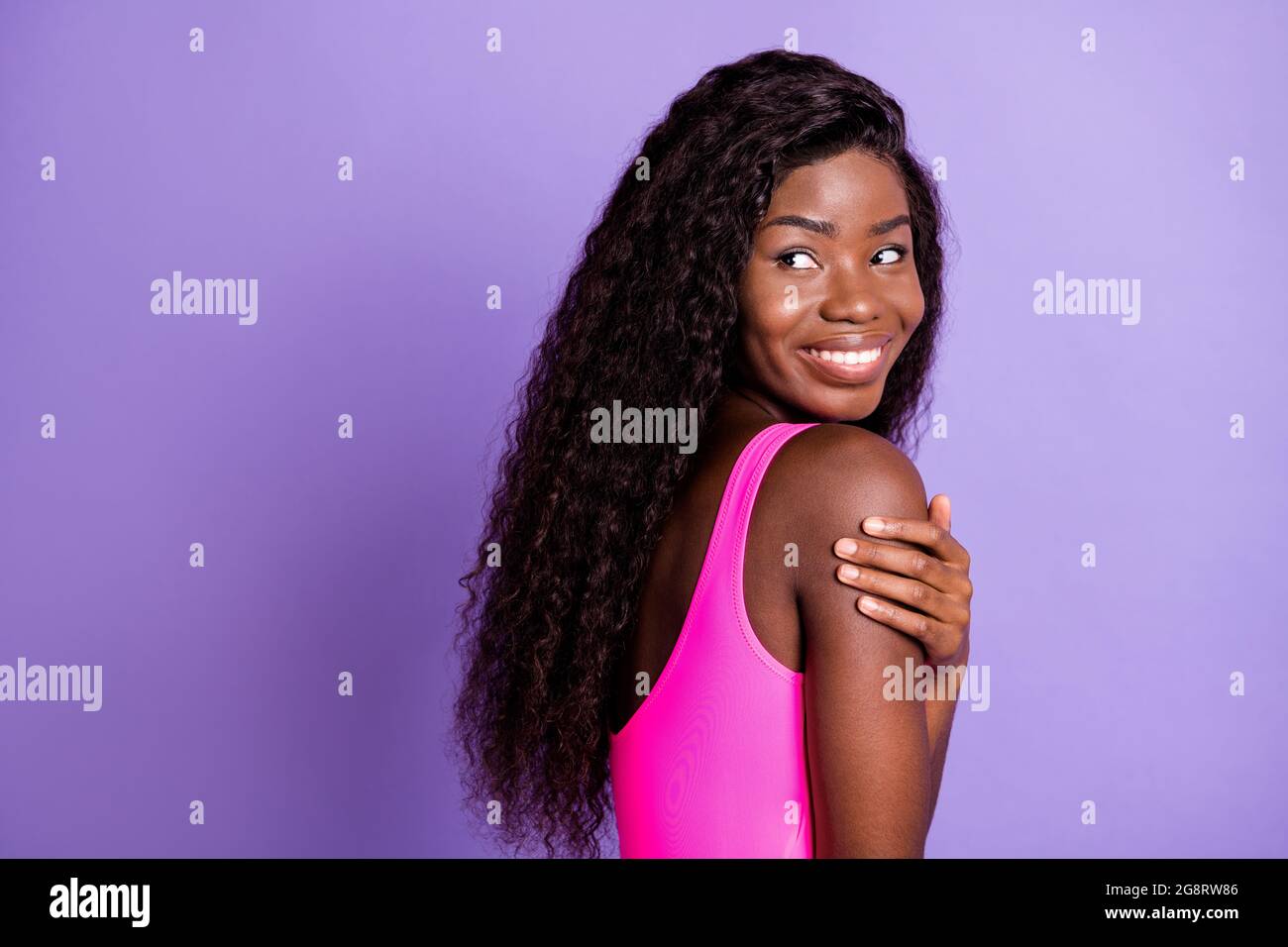 Photo of charming sweet dark skin woman dressed tank top hugging ...
