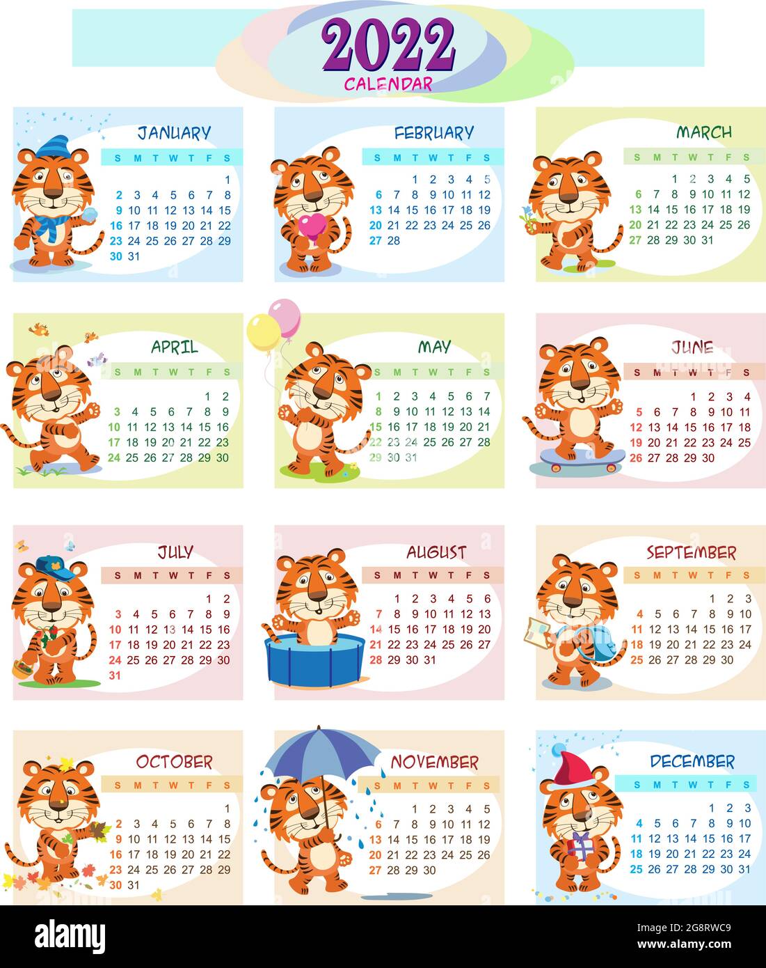 Cute Tiger Wall Calendar Template for 2022, Year of the Tiger, Chinese ...