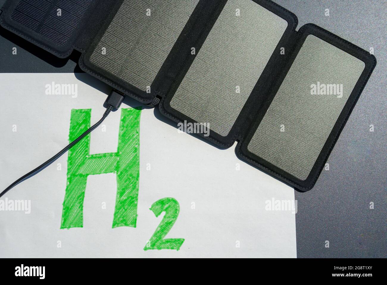 Green hydrogen concept. Solar panel connected to H2 text, symbolizing ...