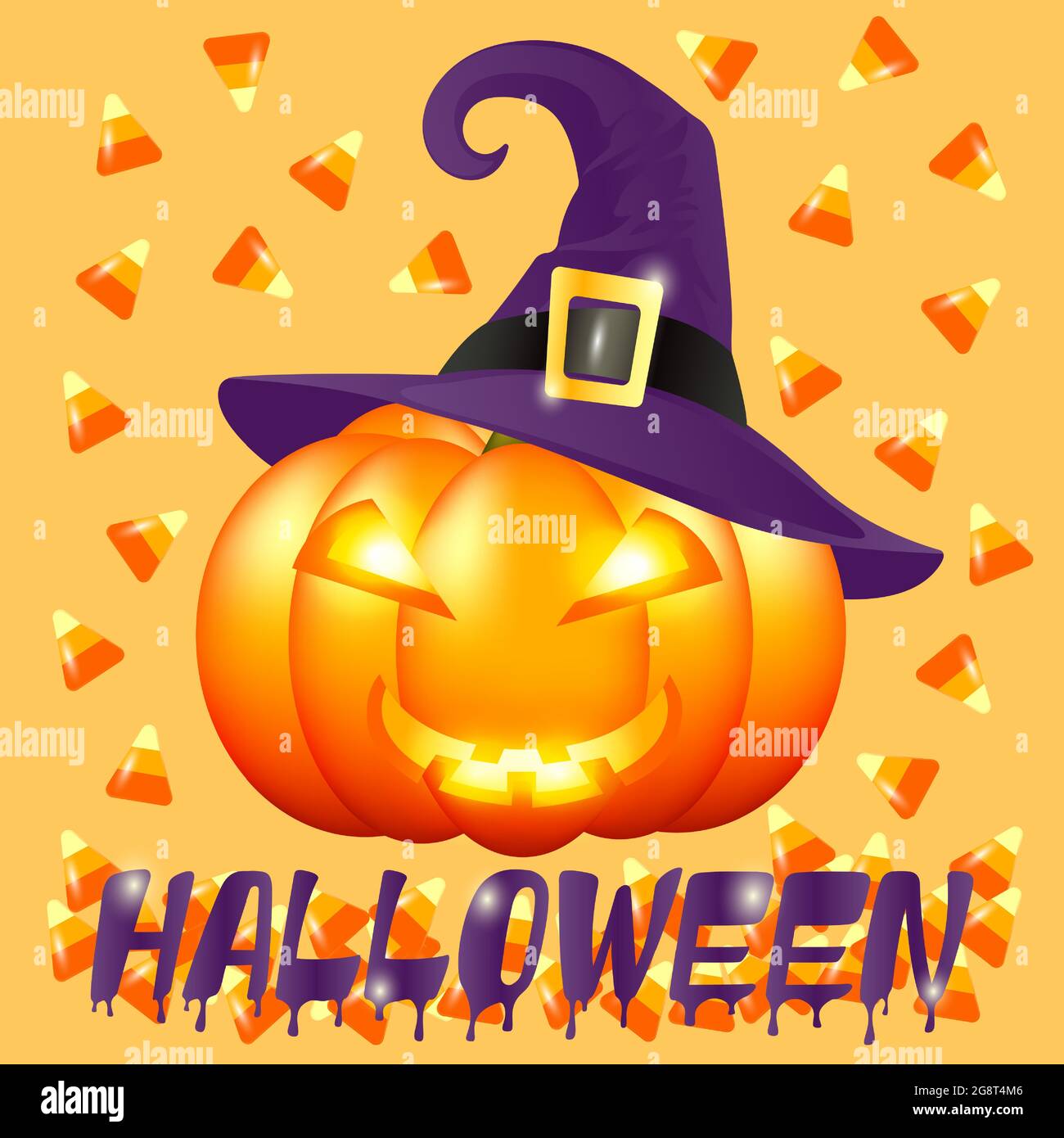 Orange bright lantern pumpkin in a purple witch hat with sweets and the ...