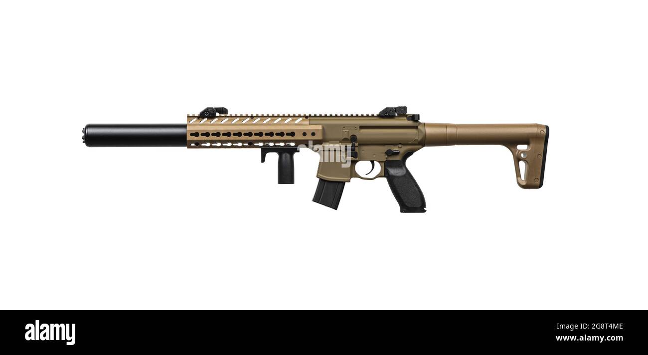 A pneumatic copy of a machine gun. Modern airsoft weapons. Isolate on a ...