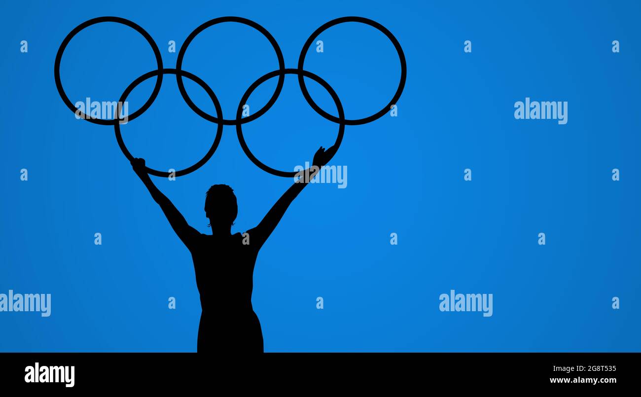 An Athlete Woman Holding Olympic Rings Against Blue Background ...
