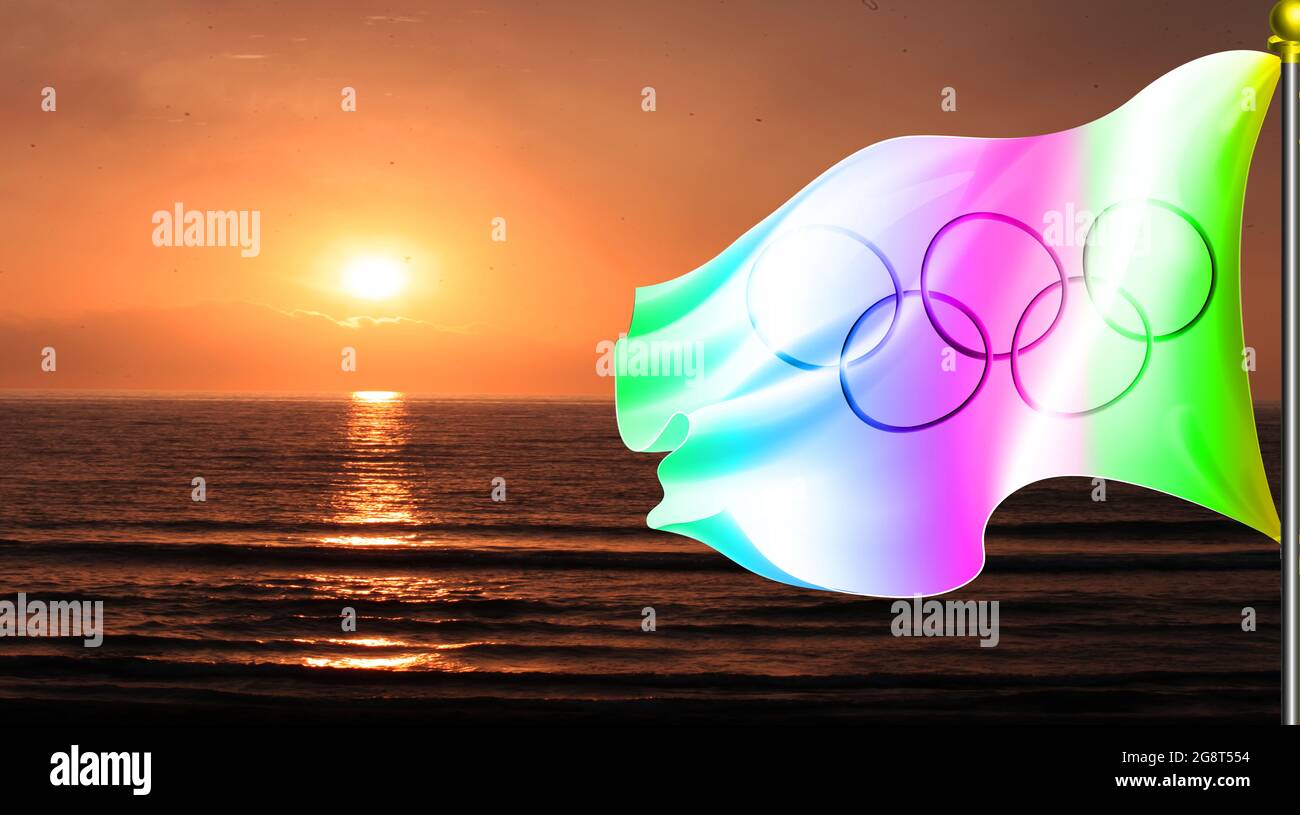 Olympic Flag Fluttering in Front Of Sunset Beach. Flag with Colorful ...