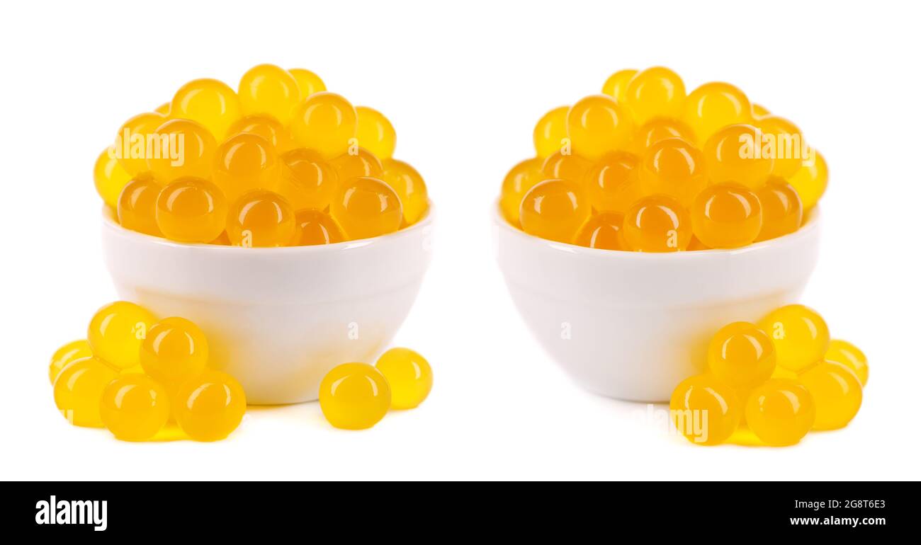 Yellow tapioca pearls for bubble tea isolated on white background ...