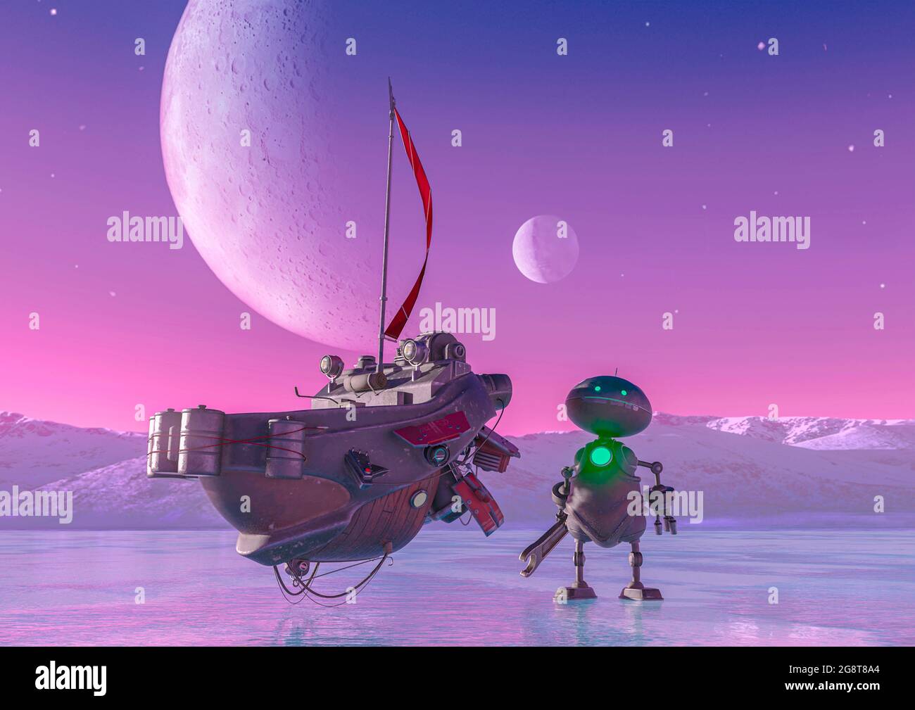 worker bot is beside of to a floating boat on another planet, 3d ...