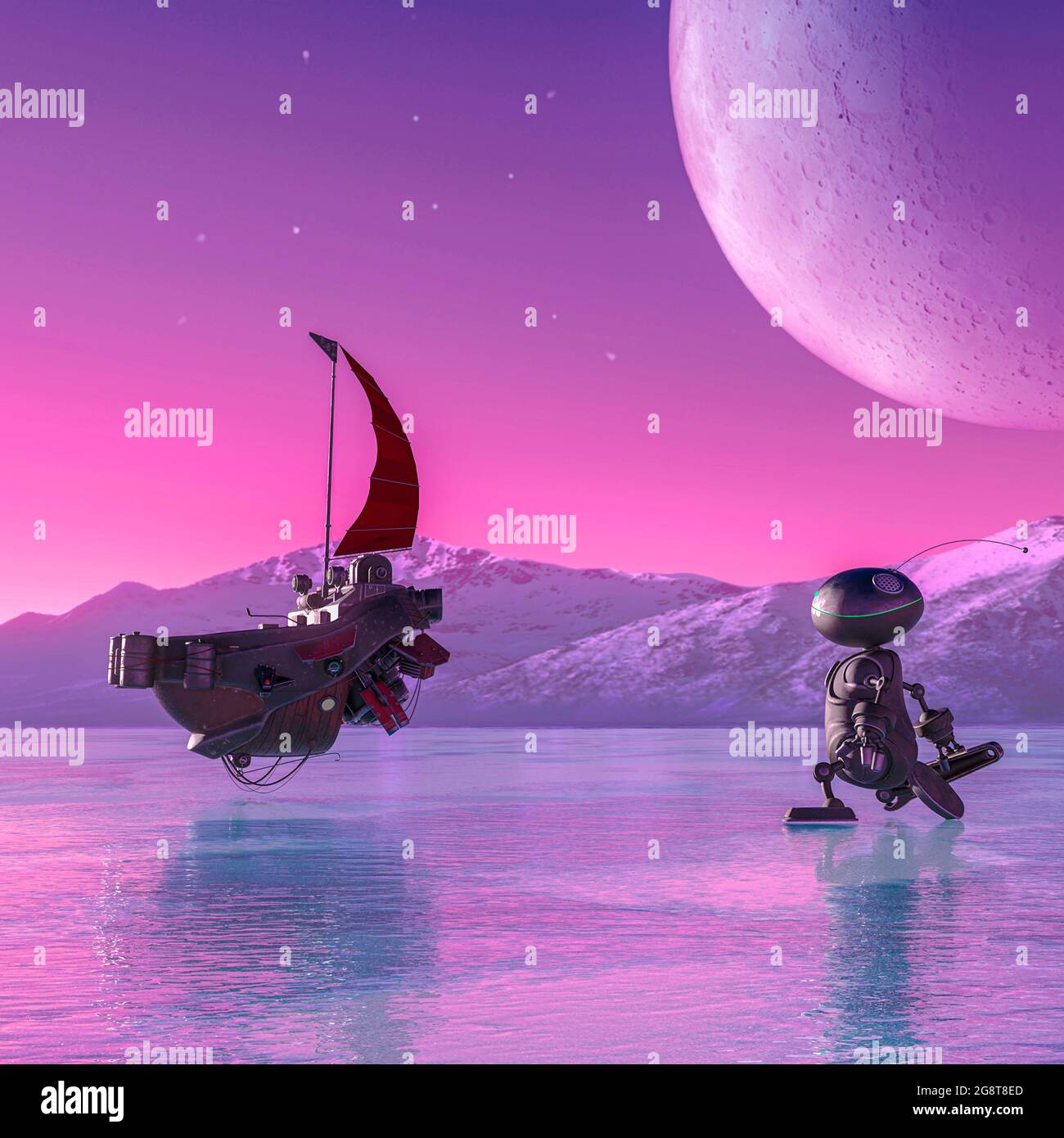 worker bot is going to fix the floating boat on another planet, 3d ...