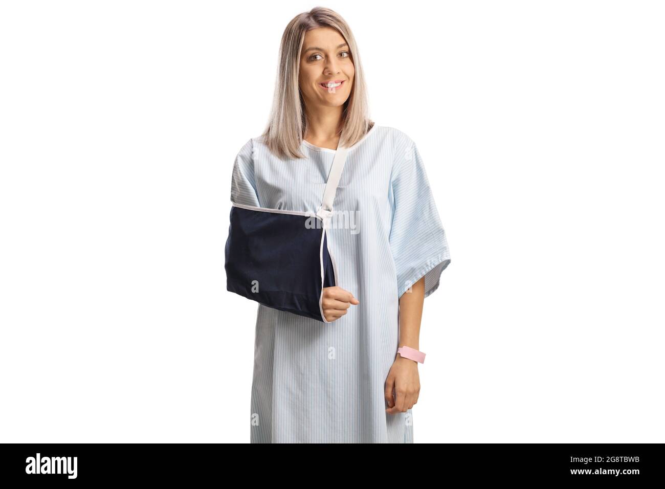 Female patient with a broken arm wearing a splint isolated on white ...