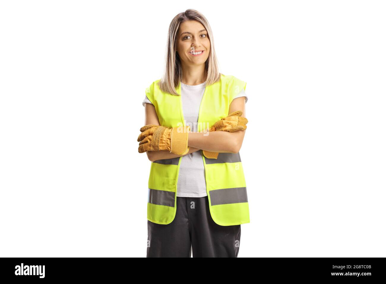 Female waste collector in a uniform and gloves isolated on white ...