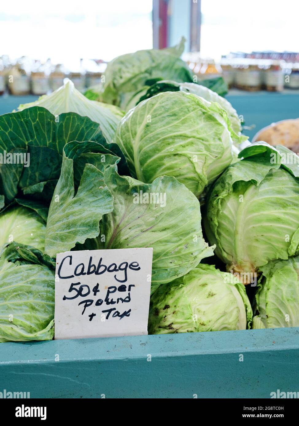 Fresh heads of cabbage on display for sale at a farm or farmers produce ...