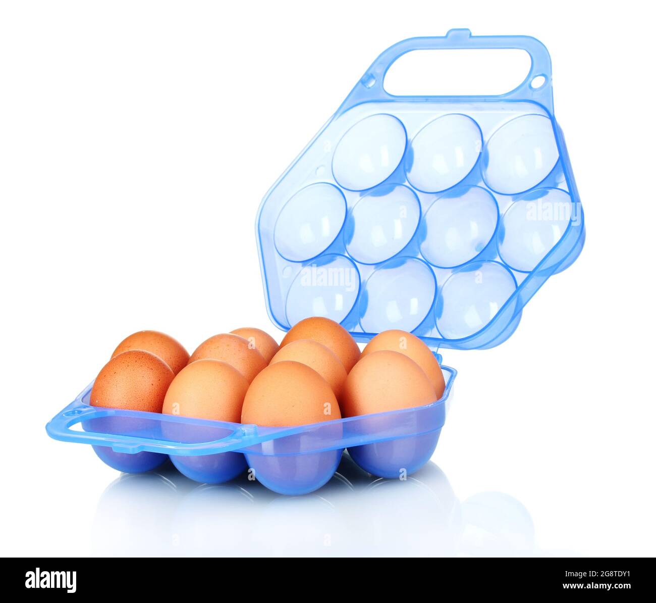 Eggs in blue plastic box isolated on white Stock Photo - Alamy