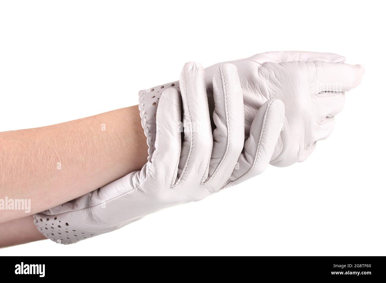 women's hands in gray leather gloves isolated on white Stock Photo - Alamy