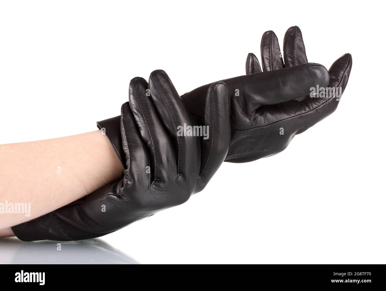 women's hands in black leather gloves isolated on white Stock Photo - Alamy