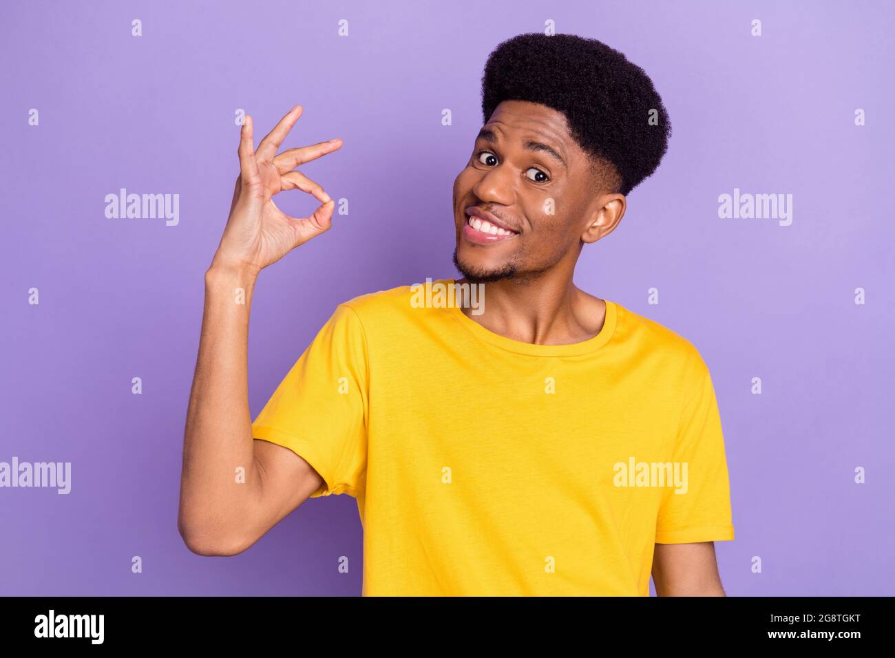 Portrait of attractive cheerful cool guy showing ok-sign good mood nice ...