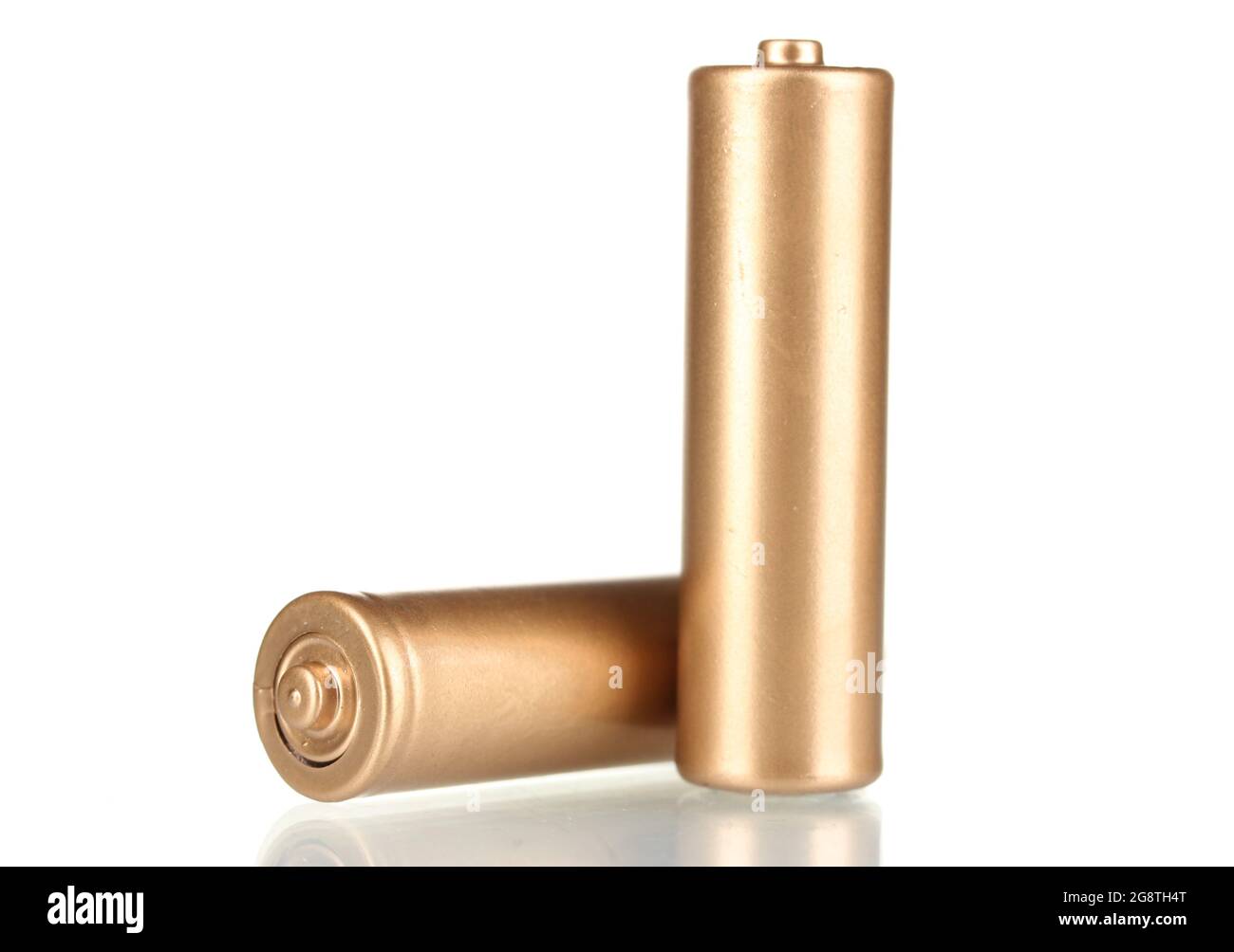 two golden batteries isolated on white Stock Photo - Alamy