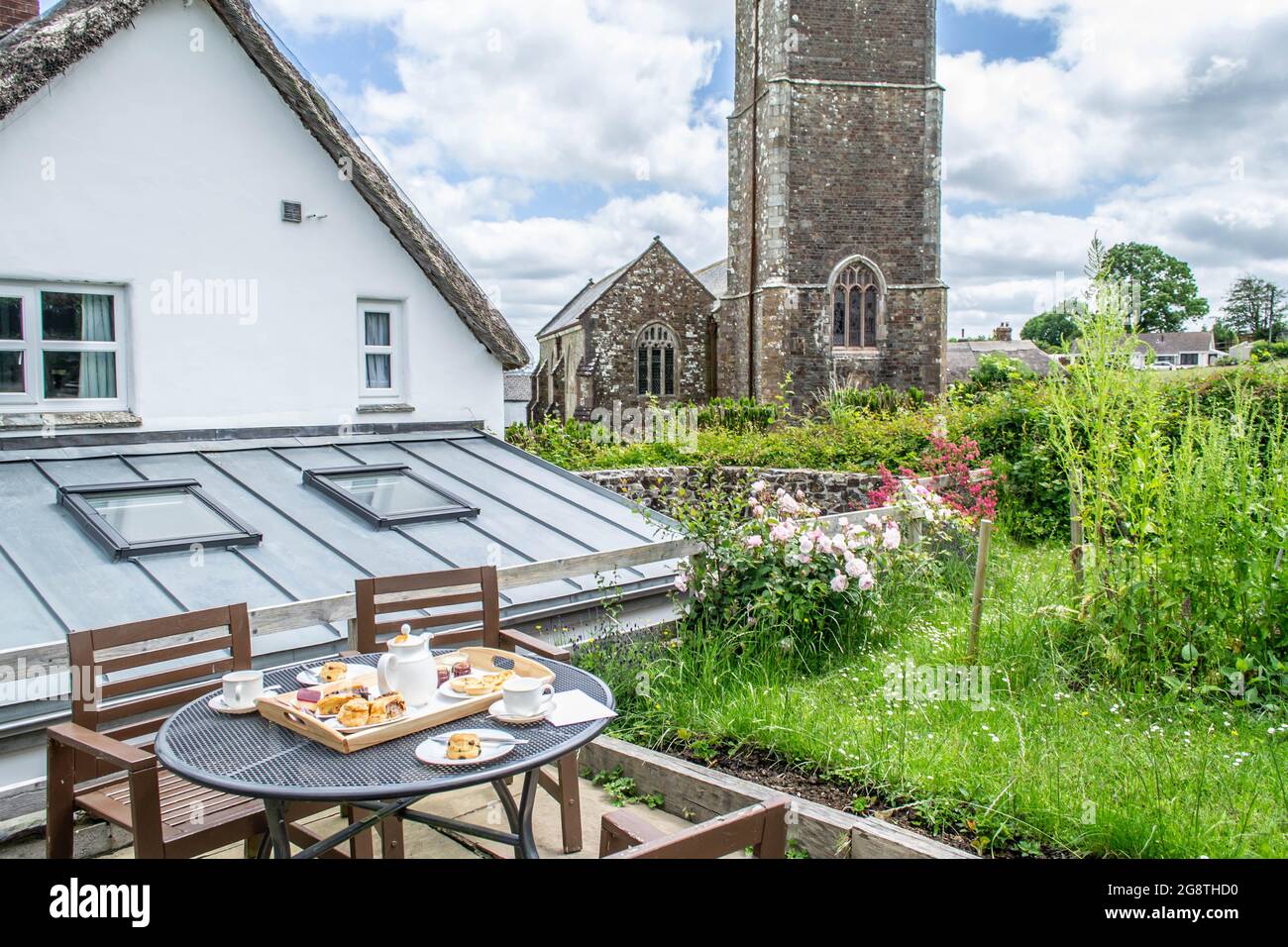 DEVON, ENGLAND- 25 June 2021: Afternoon tea selection in Devon, England ...