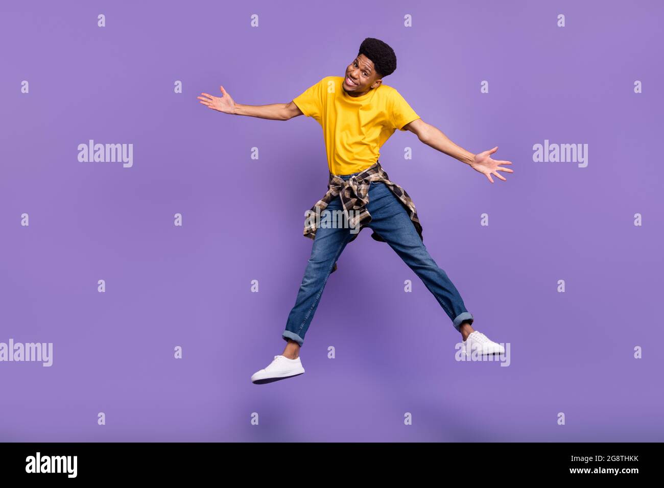 Full length body size view of attractive cheerful sly guy jumping ...