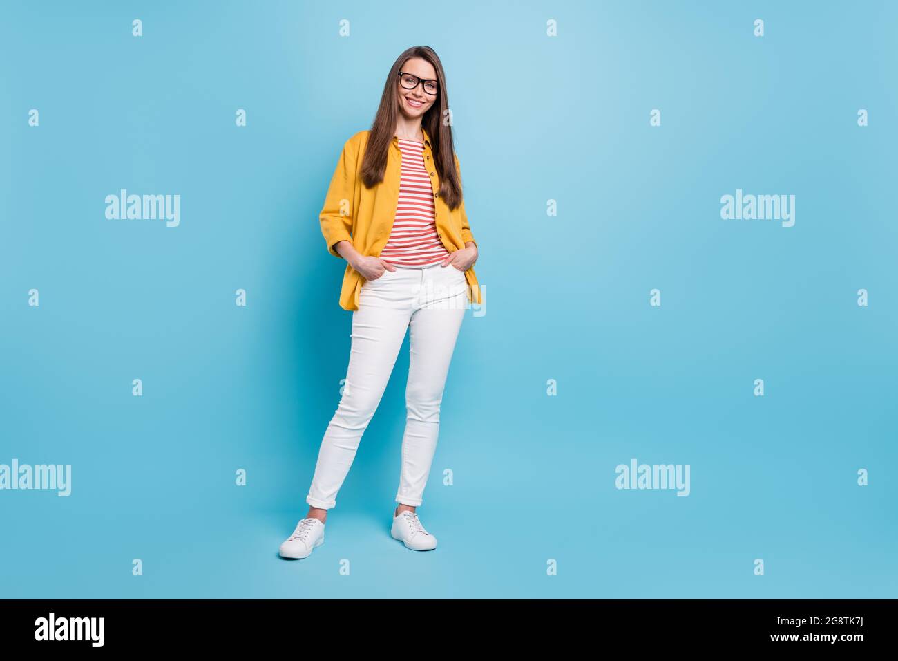 Full body photo of young attractive woman happy positive smile hands in ...