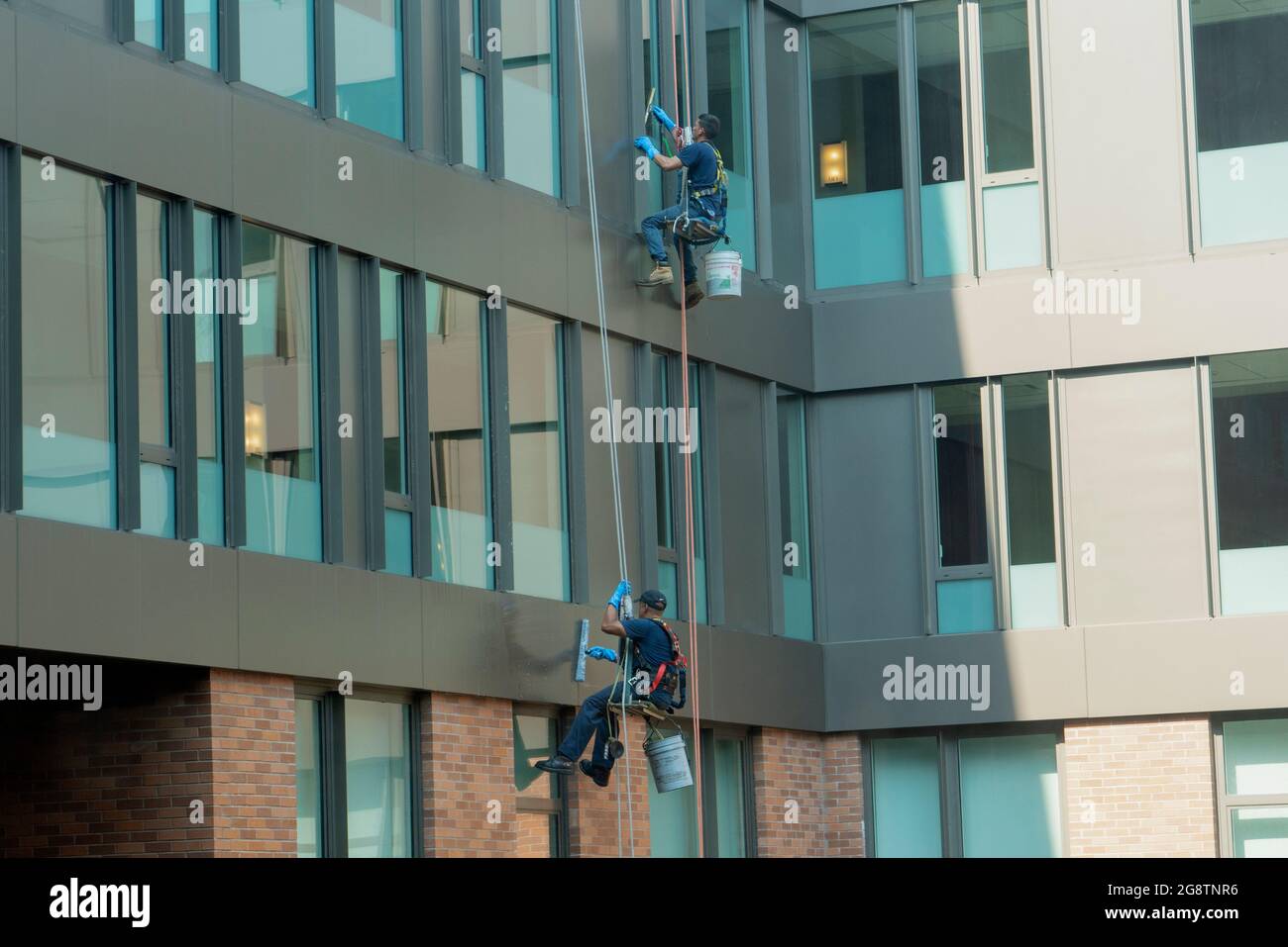 Men washing the windows of an apartment building in Tribeca, a ...